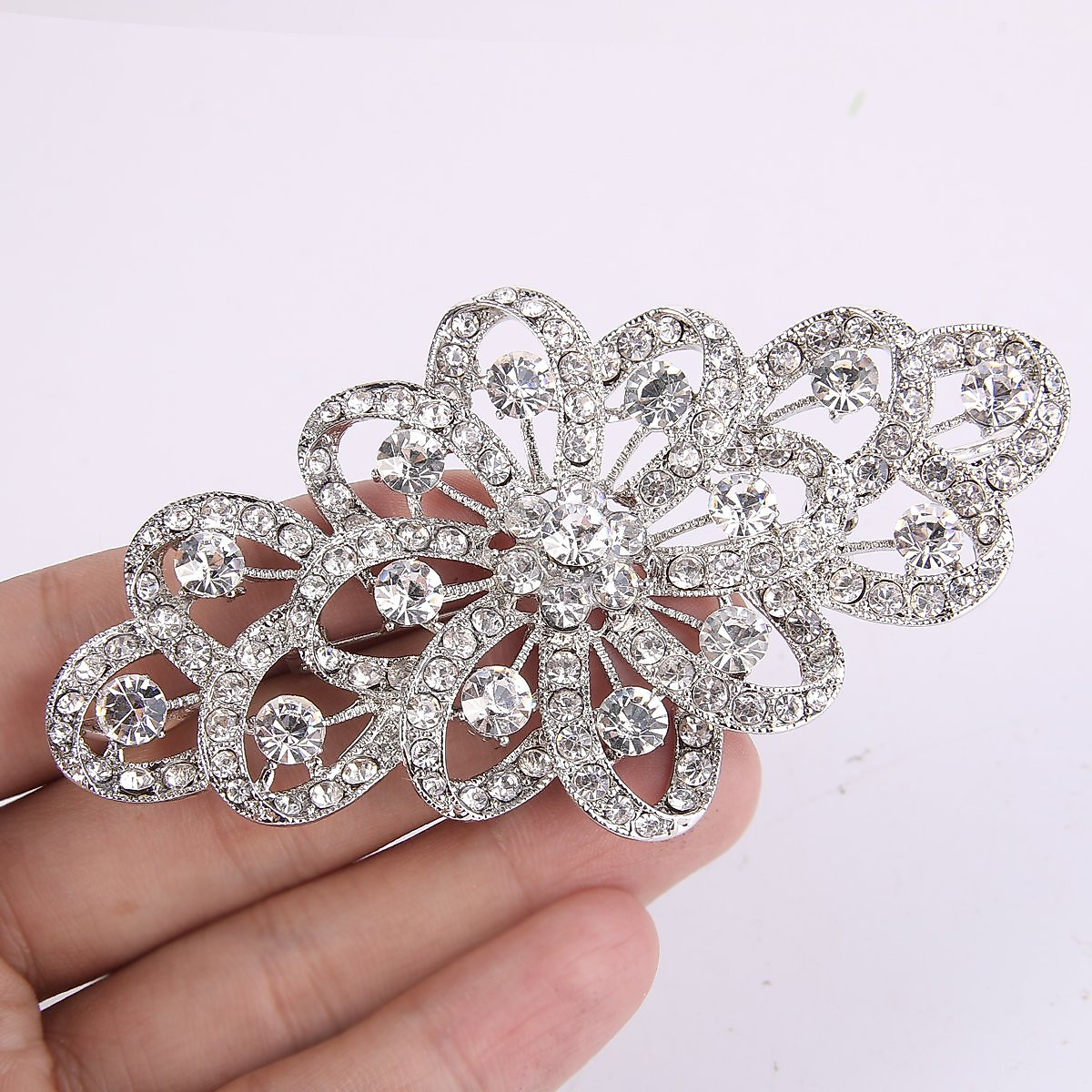 EVER FAITH Austrian Crystal 4 Inch Flower RibbonBridal Brooch Wedding Accessories for Women Clear Silver-Tone