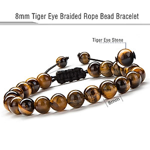 Hamoery Men Women 8mm Tiger Eye Stone Beads Bracelet Braided Rope Natural Stone Yoga Bracelet Bangle(Tiger Eye Stone)