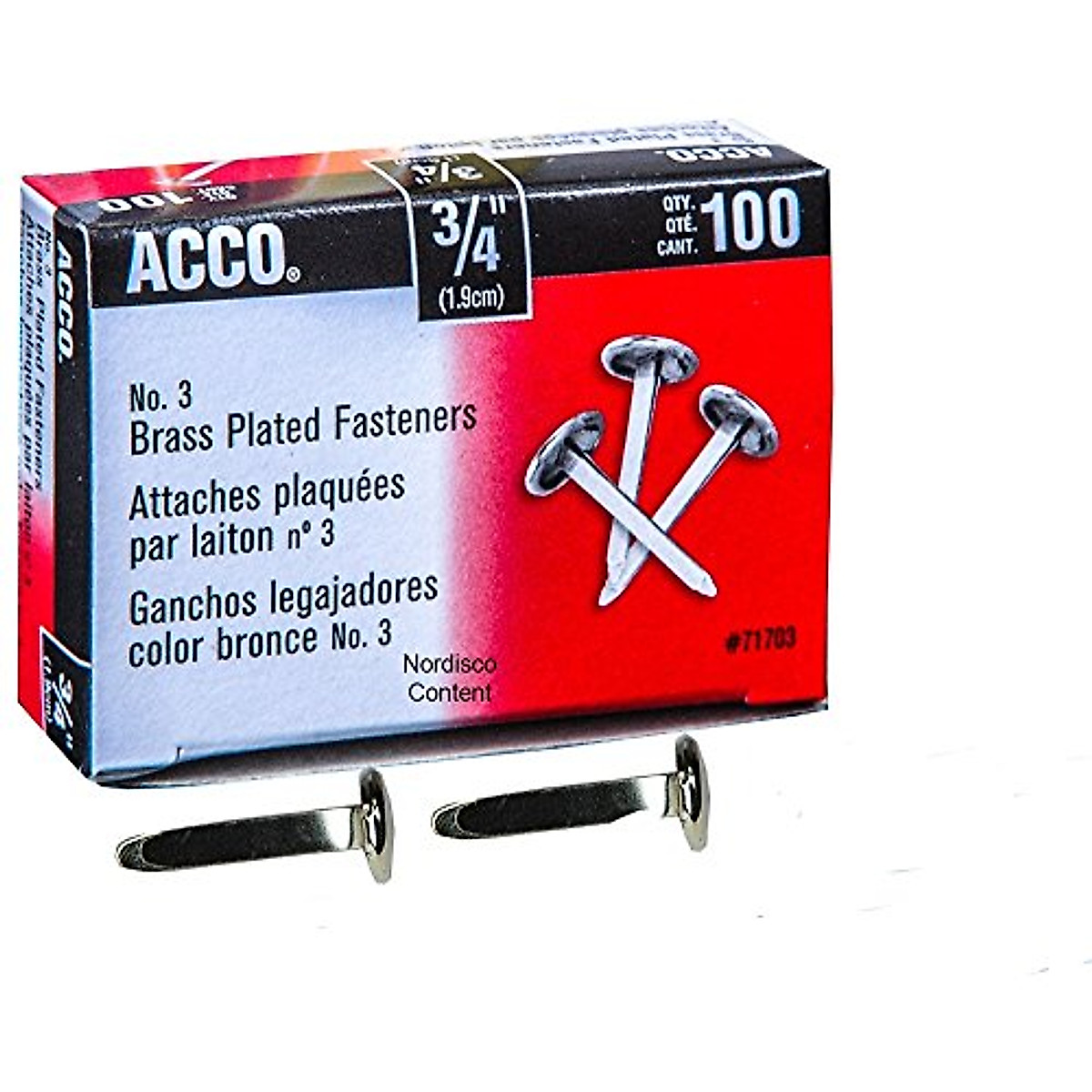 ACCO Brass Paper Fasteners, 3/4", Plated, 1 Box, 100 Fasteners/Box (71703)
