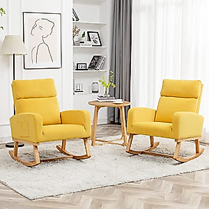 YUUIJOAA Nursery Rocking Glider Chair - Modern Accent Chairs Upholstered Velvet Rocker Padded Armchair with Side Pocket for Living Room Bedroom Yellow