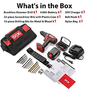 DCK Brushless Hammer Drill, 20V Max Hammer Drill Cordless, 531In-lb,36000 BPM,1/2" All-Metal Chuck, Variable Speeds, 22+1+1 Torque Setting, 4.0Ah Battery, Drill Kit for Concrete, Metal, Wood KDJZ05-13