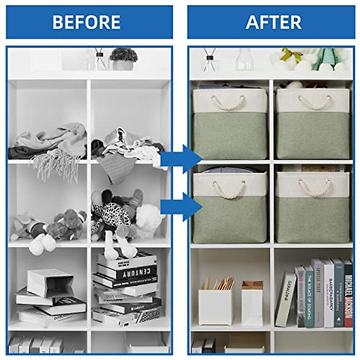 Temary Baskets Fabric Storage Bins for Shelves Fabric Storage Cubes for Organizing Home (White&Green, 6Pack-11.8Lx7.9Wx5.3H, 2Pack-16Lx12Wx12H, 4Pack-12Lx12Wx12H)