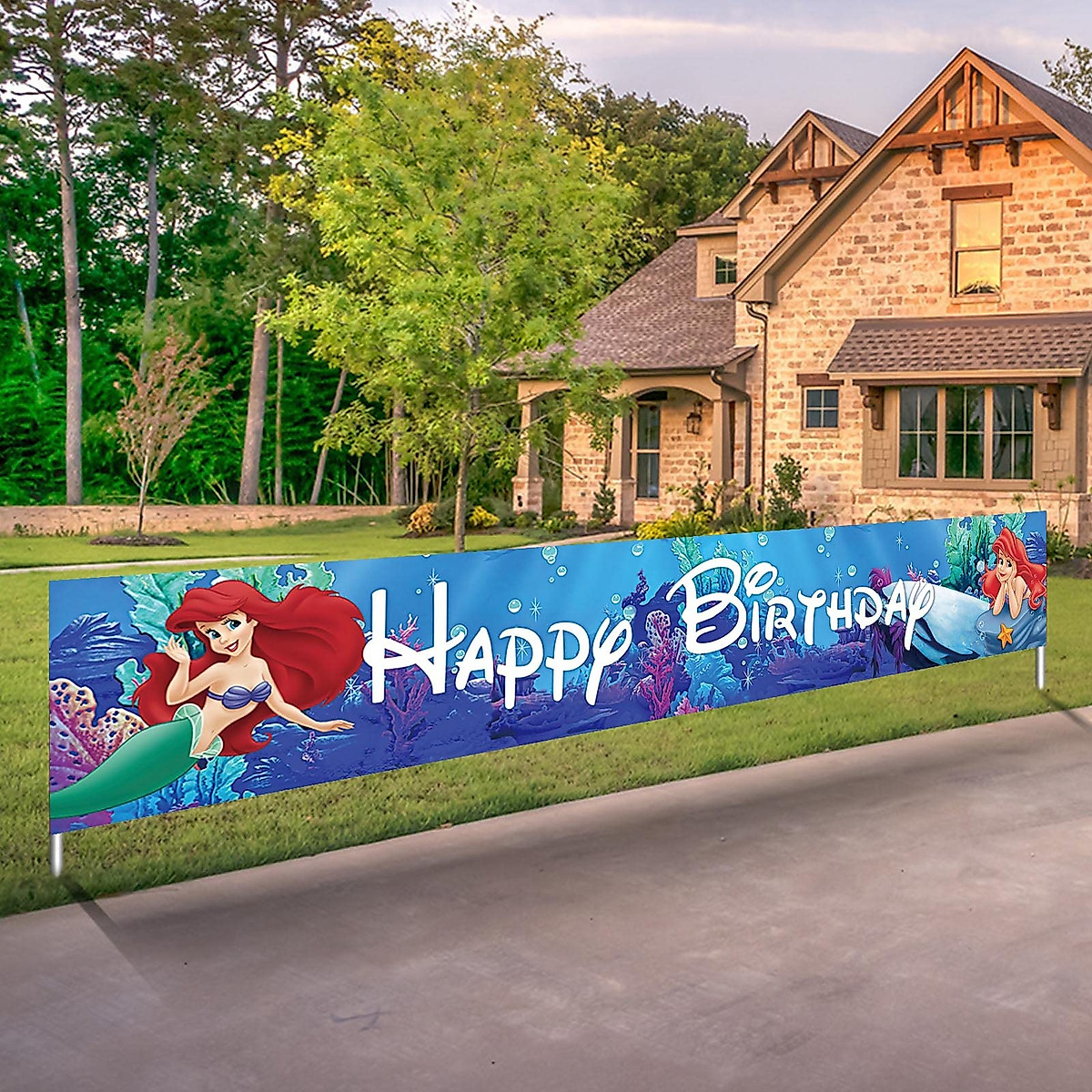 The Little Mermaid Theme Happy Birthday Banner 118in x 20In Underwater World Mermaid Ocean Nautical Backdrops Indoor Outdoor Decor for Princess Prince Birthday Party Backdrop Decoration Supplies
