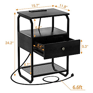 runjuly Black End Table with Charging Station, 3 Tier Night Stand with Wooden Drawer and Storage Shelf, Bedside Table with USB Ports Outlets, Narrow Side Table for Living Room, Bedroom