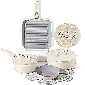 Pots and Pans Set with Removable Handle - 12 Pcs Nonstick Ceramic Cookware Set with Lids, Non Toxic Cookware Set, RV Cookware Set,Camping Cookingset, PTFE & PFOA Free,Oven Safe,Space Saving-Cream