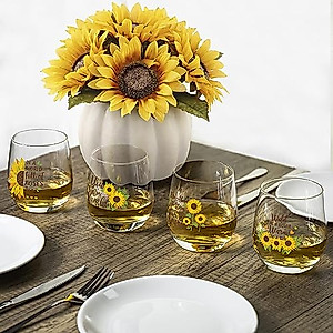 Nefelibata 4PCS Sunflower Wine Glasses 12oz Christmas Thanksgiving Gifts for Women Flower Print Tumblers Gift for Bridal Party Wedding You Are My Sunshine Whiskey Glasses