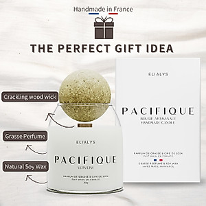 Handmade Scented Candle with Grasse Perfume, Lemon Verbena, Crackling Wooden Wick - PACIFIQUE, 12.35 Oz, 70 Hours of Burn Time, Made in France, Highly Scented & Long Lasting, Luxury Gift