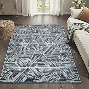 JONATHAN Y WSH313A-4 Vector Modern Coastal Geometric Machine-Washable Area Rug, Contemporary, Minimalist, Casual, Transitional for Living Room, Dining Room, Bedroom, Kitchen, Blue/Cream, 4 X 6