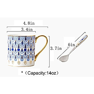 CHOOLD British Style Blue Floral Porcelain Coffee Mug with Golden Handle Spoon - 12oz