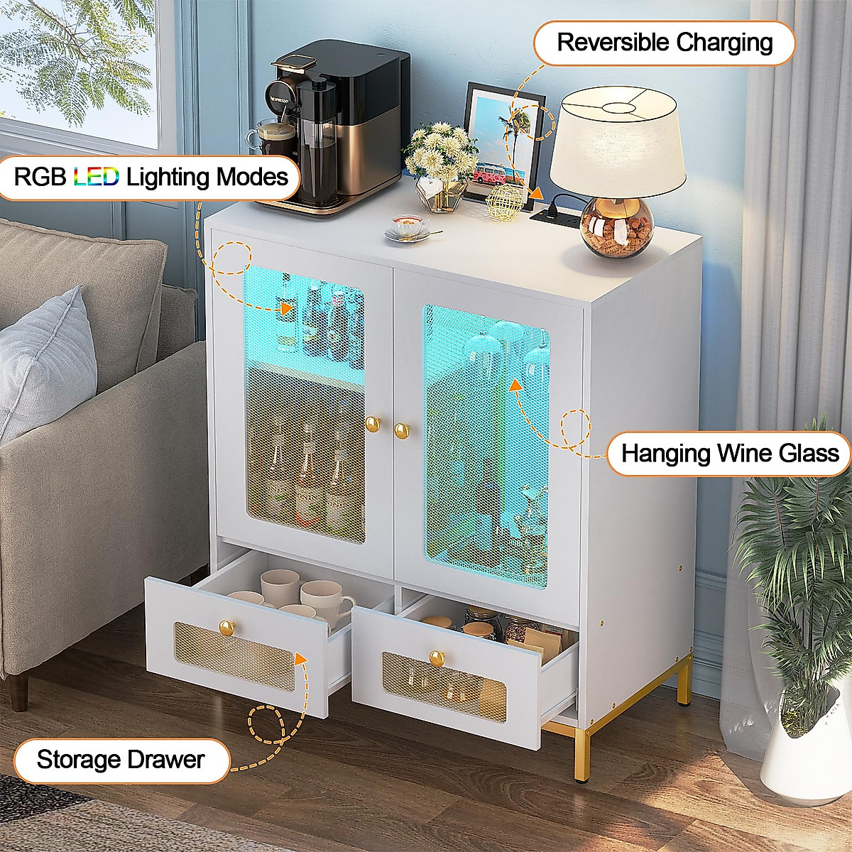 Sideboard Buffet Cabinet with Storage, Wine Bar Cabinet with Power Outlet & LED Light, Kitchen Storage Cabinet with Drawers, Liquor Coffee Bar Cupboard Buffet Table for Dining Room, White