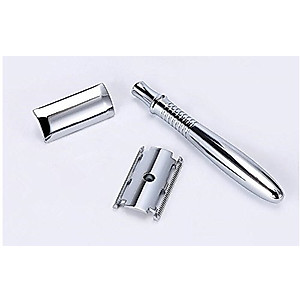 Heavy Duty Chrome Double Edge Safety Razor & Base Stand Long Handle Lengthen Version w/ 10 Platinum Super Sharp Blades + Mini Cleaning Brush & Pouch Manual Wet Shaving Gift Set for Men & Women