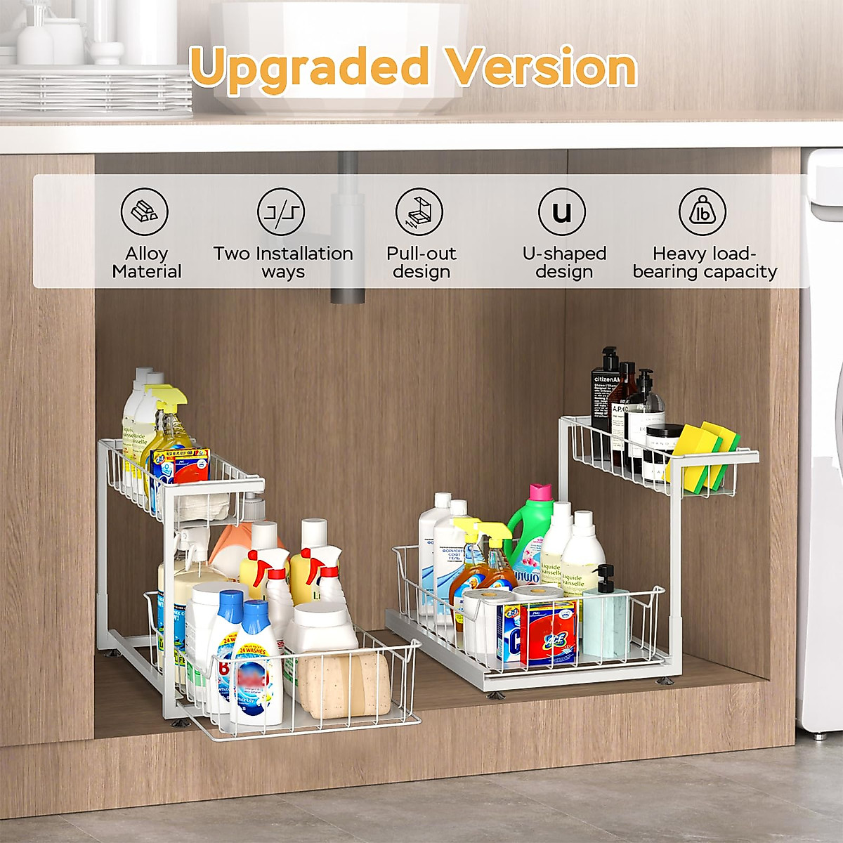 Suppino Under Kitchen Sink Organizer, Metal Sliding Under Cabinet Storage, 2 Tier Under Sink Storage for Kitchen, Bathroom