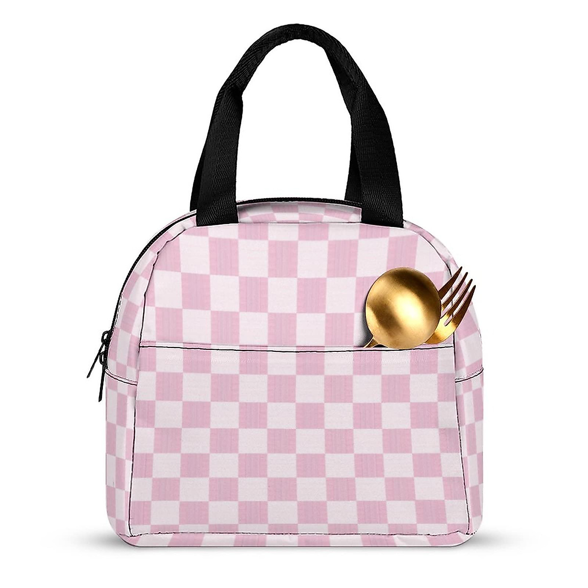 Abstract Geometric Pink Checkered Lunch Bag for Women Men, Insulated Meal Bag, Lunch Tote Bag for Work Outdoor