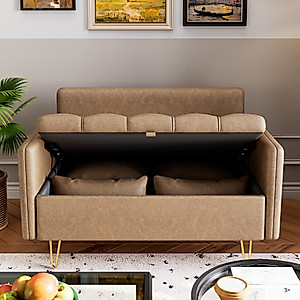 Senfot Sofa Couch Faux Leather Loveseat Sofas with Hand Stitched Comfortable Cushion, Modern Design with Gold Metal Legs and Lift-Up Storage for Living Room in Light Brown