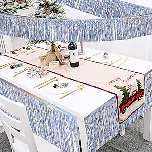 YUKL Laser Silver Christmas Decorations Tinsel Garland Parade Float Decorations for Trailer 4Pack 12FT Christmas Party Decor Ceiling Fringe Banner Silver Backdrop for Streamers Party Decorations