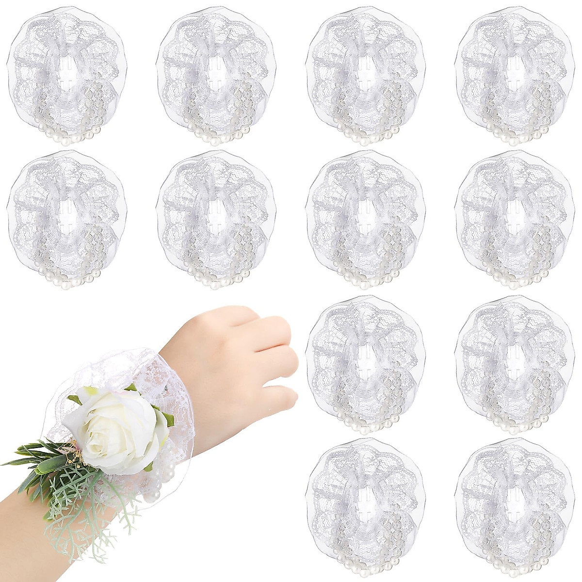 12 Pieces Wedding Elastic Pearl Wrist Corsage Bands DIY Flower Hand Stretch Bracelet for Wedding Prom Bride Handmade