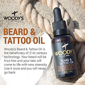 Woody's Beard & Tattoo Oil, 2 in 1 for Healthy Beard & Vibrant Tattoos, with Moringa, Macadamia, & Argan Oils, 1 Fl Oz (2 Pack)