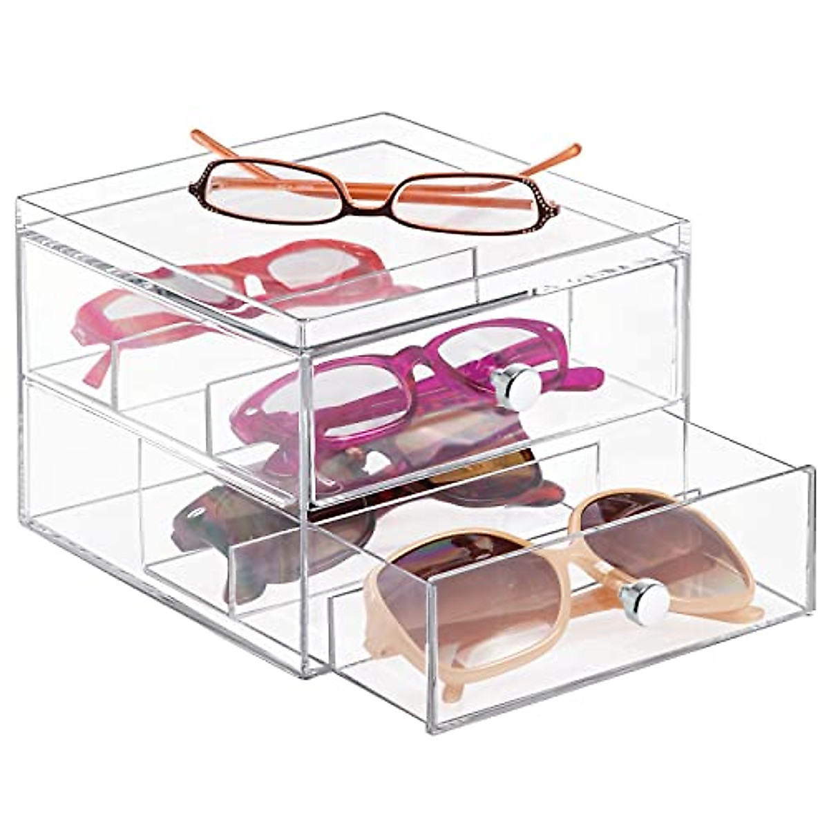 mDesign Stackable Plastic Eye Glass Storage Organizer Box Holder for Sunglasses, Reading Glasses, Lens Cleaning Cloths, and Accessories - 2 Divided Drawers, Chrome Pulls - Clear