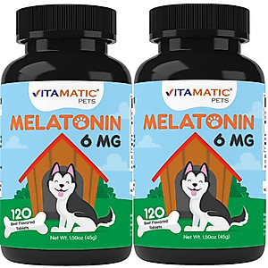 Vitamatic Melatonin for Dogs - 6 mg - 120 Beef Flavored Chewable Tablets ((Pack of 2))
