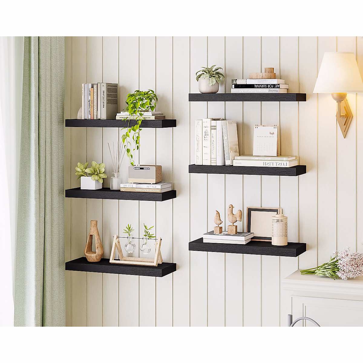 Fixwal 15.8in Black Floating Shelves, Set of 6 Wood Shelves, Farmhouse Shelf Wall Decor for Bathroom, Bedroom, Living and Kitchen Room