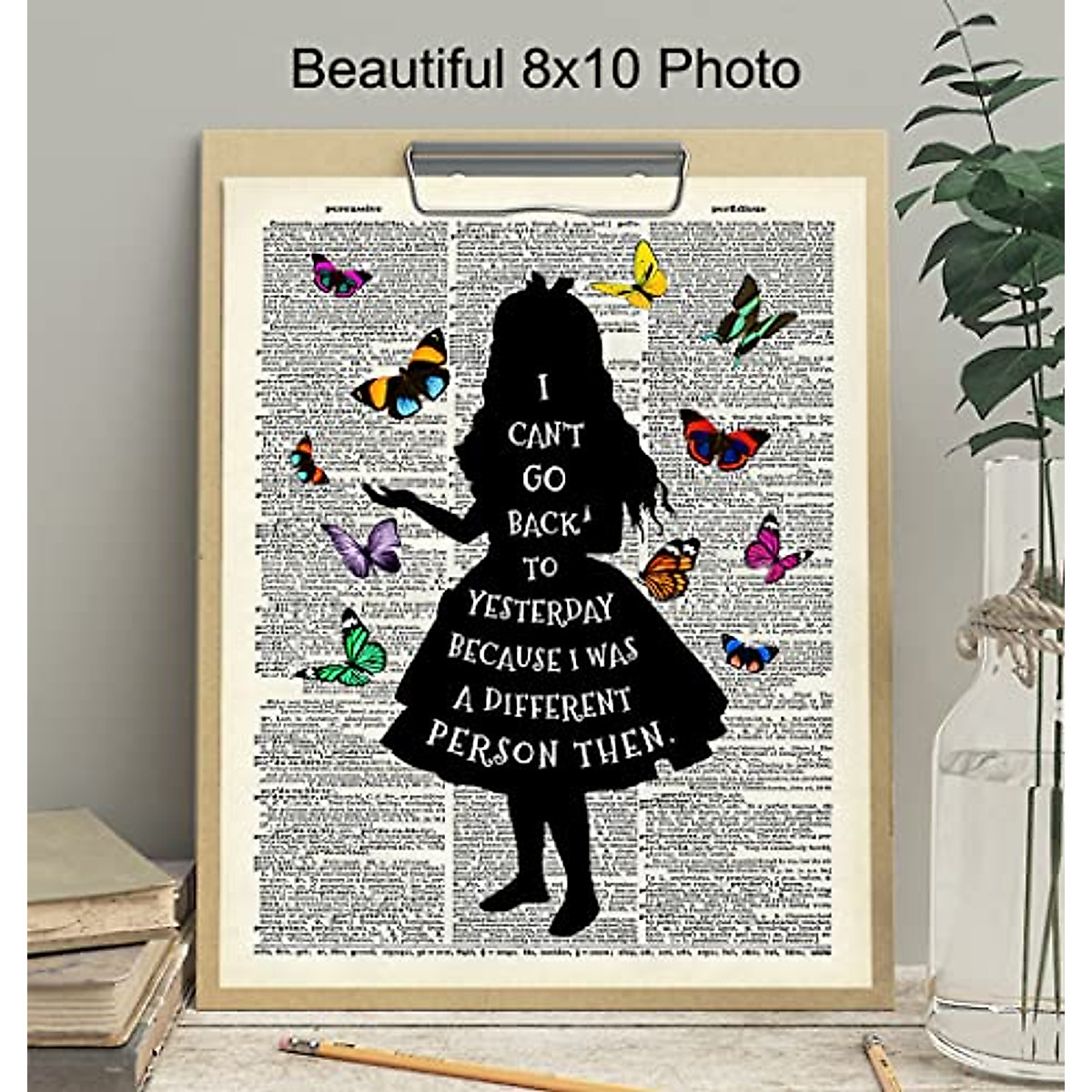Alice Wonderland Quote Dictionary Art Print - Upcycled Home Decor, Wall Art Poster - Unique Room Decorations for Bedroom, Office, Girls or Kids Room - Great Gift - 8x10 Photo Unframed