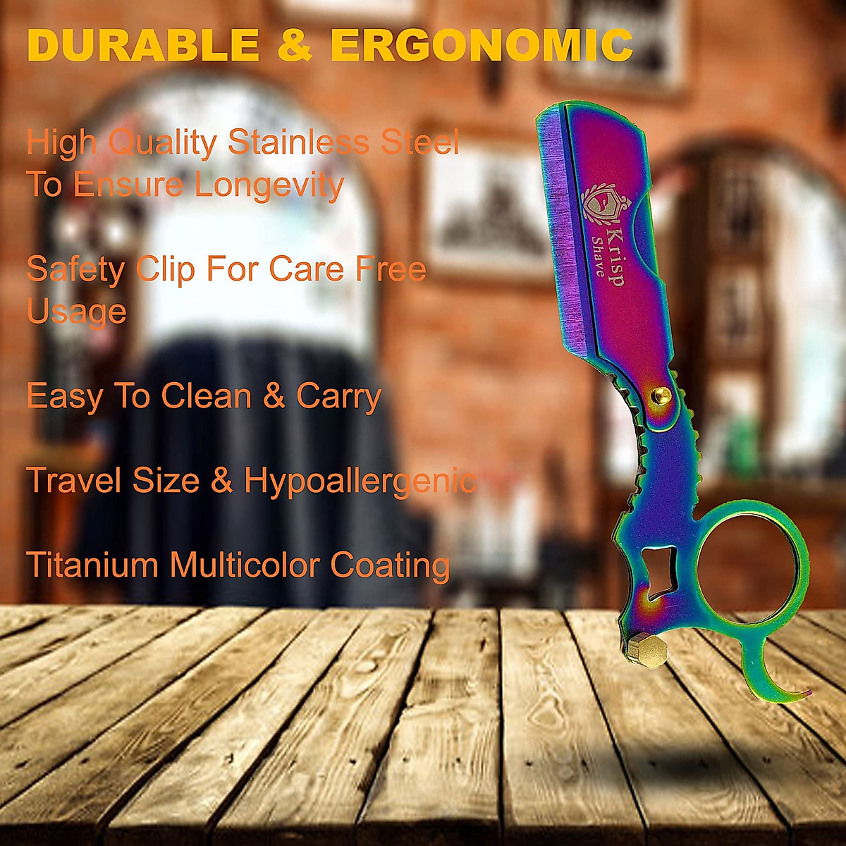 Professional Classic Straight Edge Barber Razor For Close Shaving -Salon Quality Men's Beard Cut Throat Finger Razor Shavette With 10 Shaving Blades By Krisp Shave (Titanium Multi-Color), 4.8 Inch