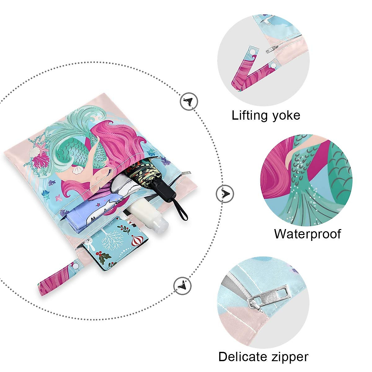 Qilmy 2pcs Mermaid Cloth Diaper Wet Dry Bag Waterproof Reusable Wet Dry Organizer with Zipper for Travel, Beach, Pool, Diapers, Gym Clothes, Wet Swimsuits