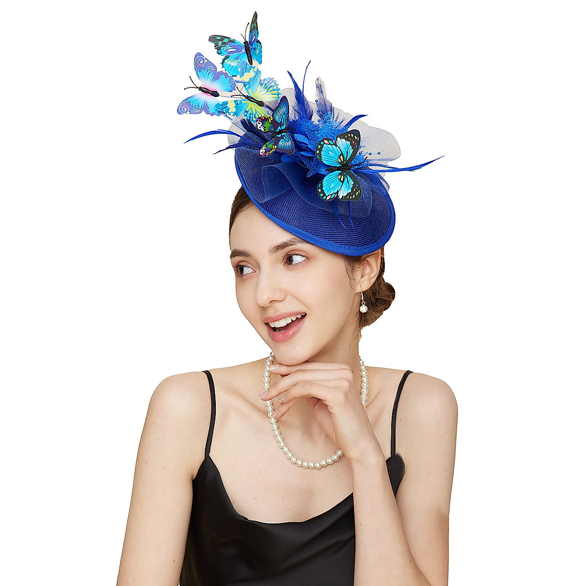 Gionforsy Butterfly Fascinator Hat Feather Derby Tea Party Hat Monarch Butterfly Headband Fascinators for Wedding (Blue)