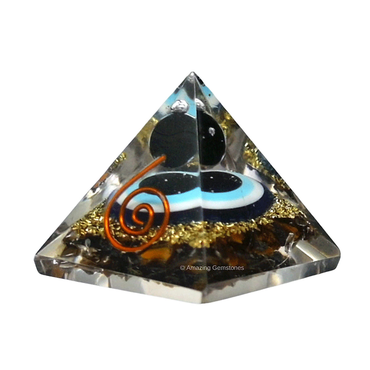 Ultimate Protection Orgone Pyramid with Evil Eye Black Obsidian Sphere - Triple Protection Crystals Tiger Eye Hematite & Black Obsidian (30mm, Small)