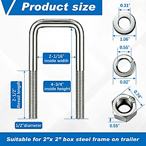 4 Pcs Hotop 304 Stainless Steel Square U-Bolt Boat Trailer U-Bolts with Washers and Nuts l Heavy Duty U Bolt for Sailboat Trailer Automobiles Industrial Part (1/2 D x 2 1/16 W x 4 3/4 Inch)