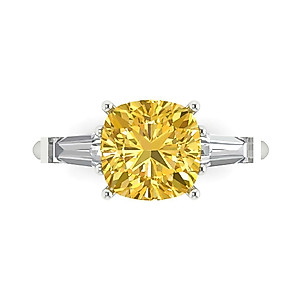 Clara Pucci 3.50ct Cushion cut 3 stone Solitaire Yellow Simulated Diamond Designer Anniversary Bridal Engagement Ring 14k White Gold 7.25