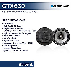 Blaupunkt GTX630 GTX Series GTX630 6.5-in. 300-Watt-Peak 3-Way Coaxial Speakers, Black