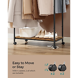 SONGMICS Clothes Rack with Wheels, Double-Rod Clothing Rack for Hanging Clothes, 38.8 Inches Garment Rack with Shelf, Loads up to 220 lb, for Bedroom, Closet, Rustic Brown and Ink Black UHSR152B01
