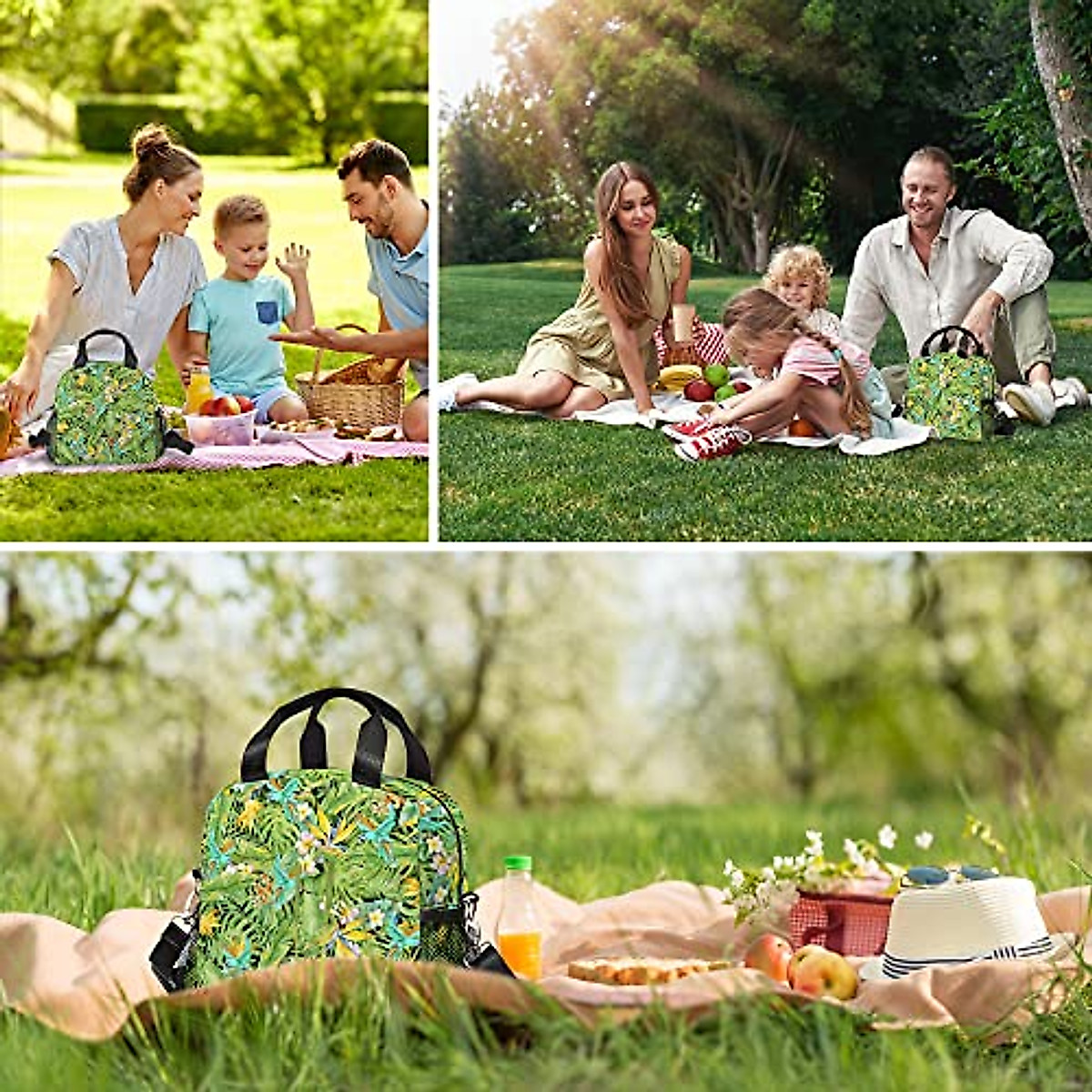 Yrindyiz Tropical Parrot Lunch Box, Reusable Palm Leaf Lunch Bag Thermal Lunch Box with Adjustable Shoulder Strap Tote Bag for Boys Girls Women Men