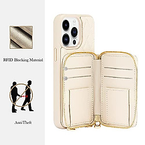 LAMEEKU iPhone 13 Pro Max Wallet Case, Quilted Leather Crossbody Card Holder with Chain Strap - Beige