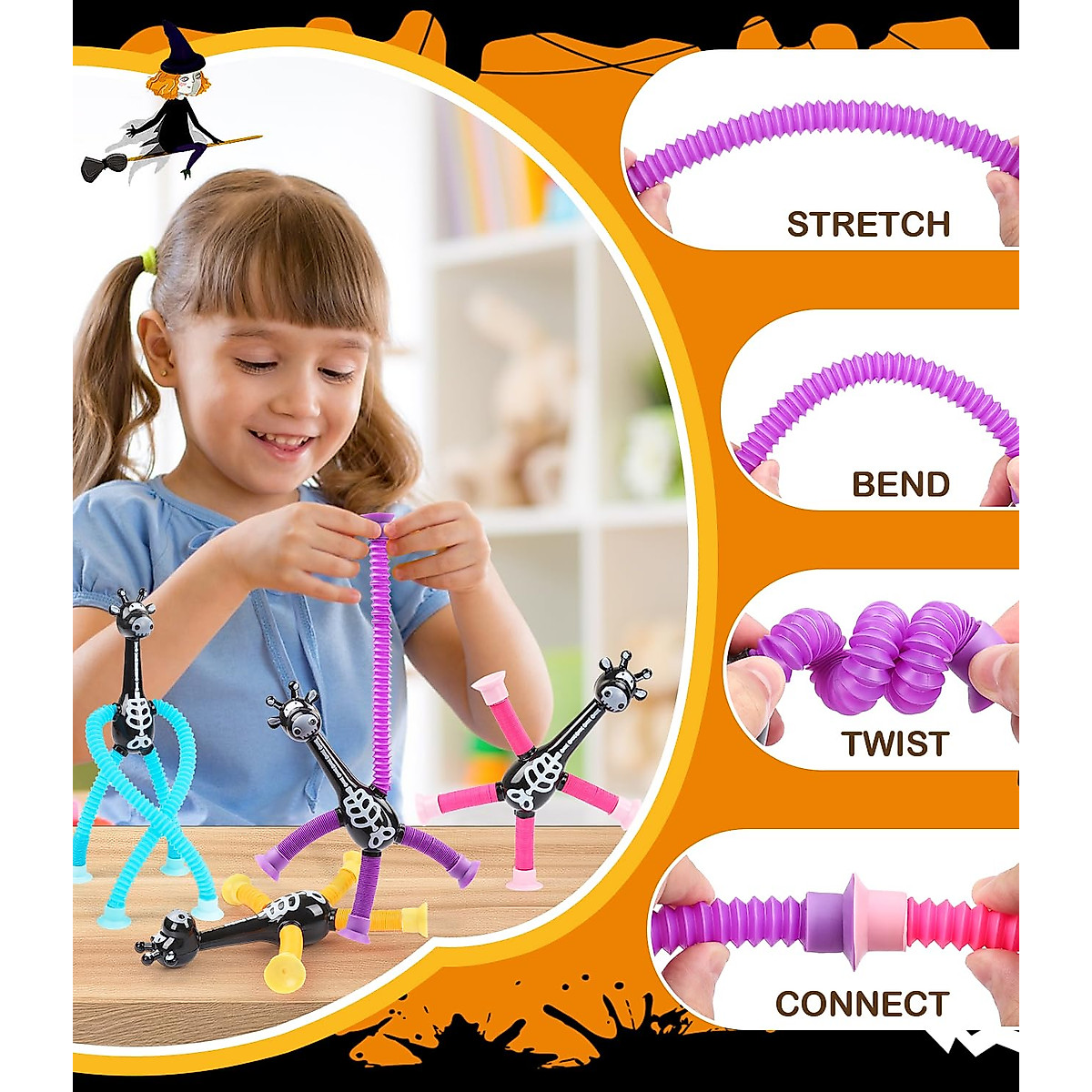Halloween Party Favors for Kids 4 Pack Telescopic Suction Cup Giraffe Toy Sensory Tubes Classroom Prizes/Non Candy Halloween Treats Goodie Bag Fillers Gifts