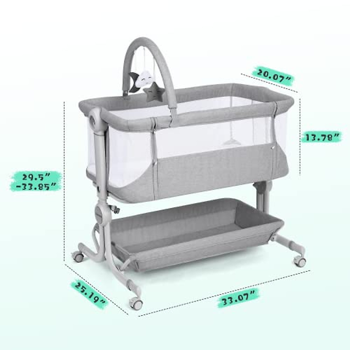 Cowiewie Baby Bassinet 2-1 Beside Sleeper with Wheels & Hanging Toys for Baby Foldable - Handbag can be Stored or Carried Out