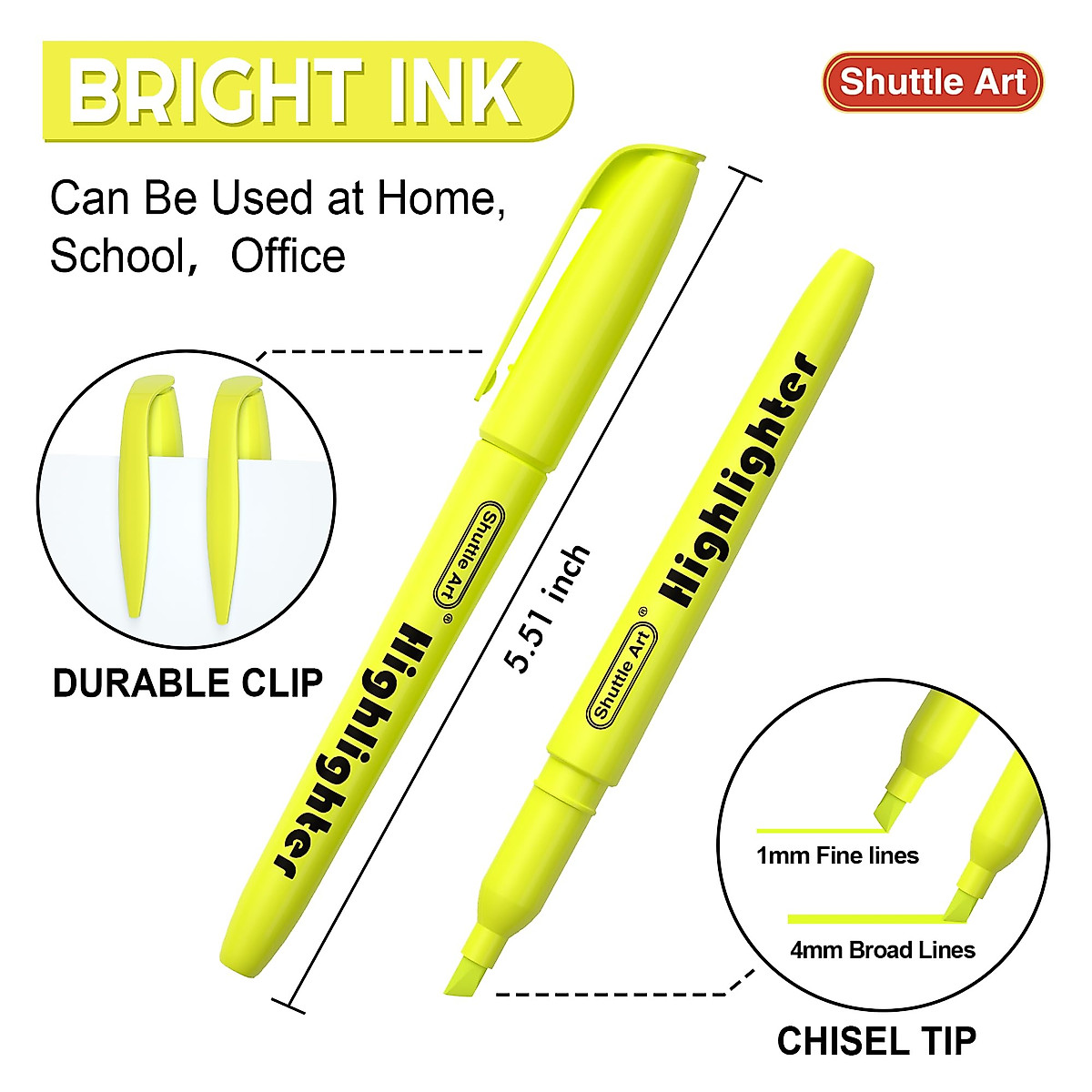 Shuttle Art 144 Pack Highlighters, Yellow Highlighter Pen Bulk with Versatile Chisel Tip Dry-Quickly Non-Toxic Highlighter Markers for Adults Kids Highlighting in Home School Office