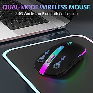 FUWANG Wireless Mouse, Rechargeable LED Wireless Bluetooth Mouse,Portable USB Optical 2.4G Wireless Bluetooth Two Mode Computer Mice with USB & Type-c Receiver(Black)