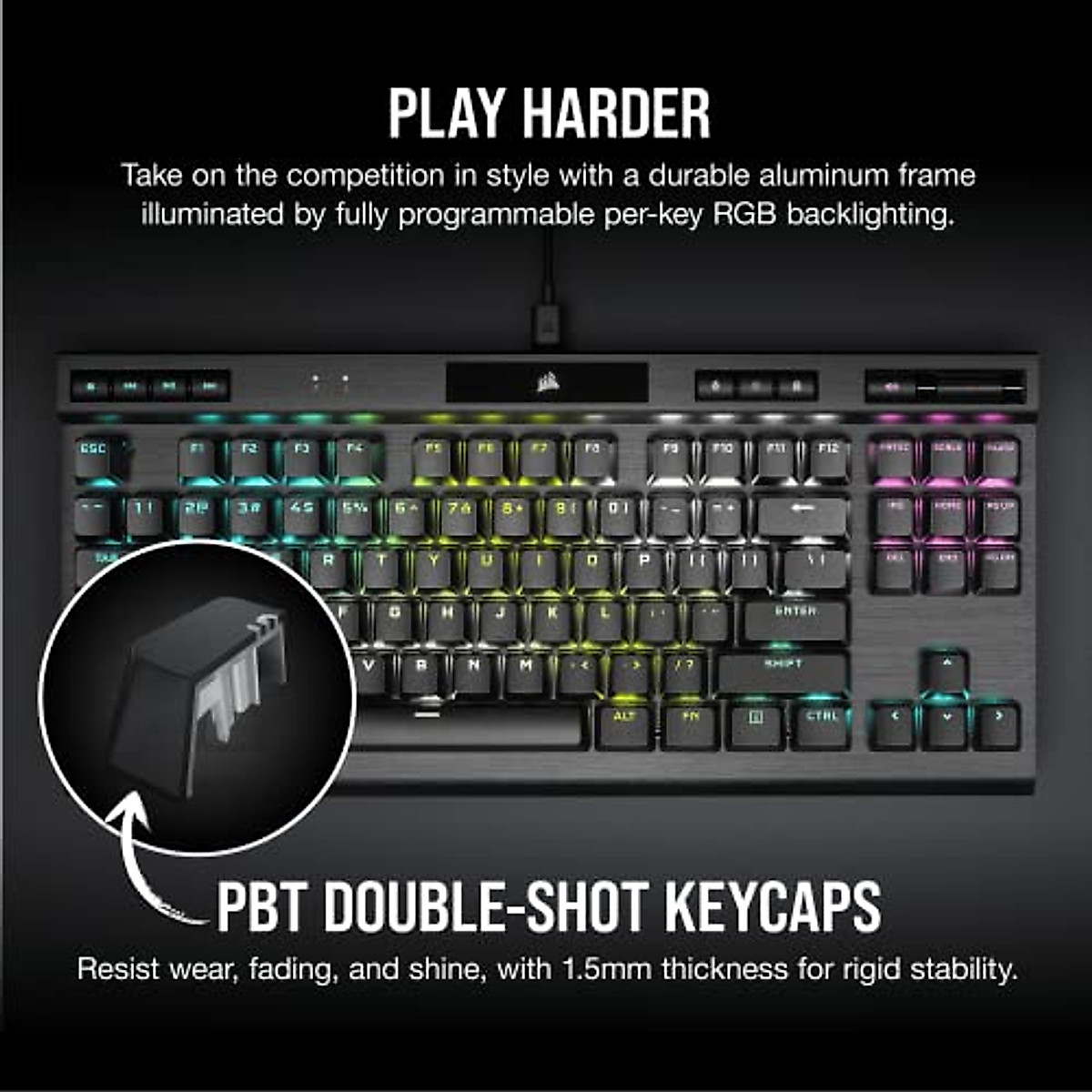 Corsair K70 RGB TKL CHAMPION SERIES Tenkeyless Mechanical Gaming Keyboard (CHERRY MX Silent Keyswitches: Linear and Quiet , PBT Double-Shot Keycaps, Per-Key RGB LED Backlighting) QWERTY NA, Black
