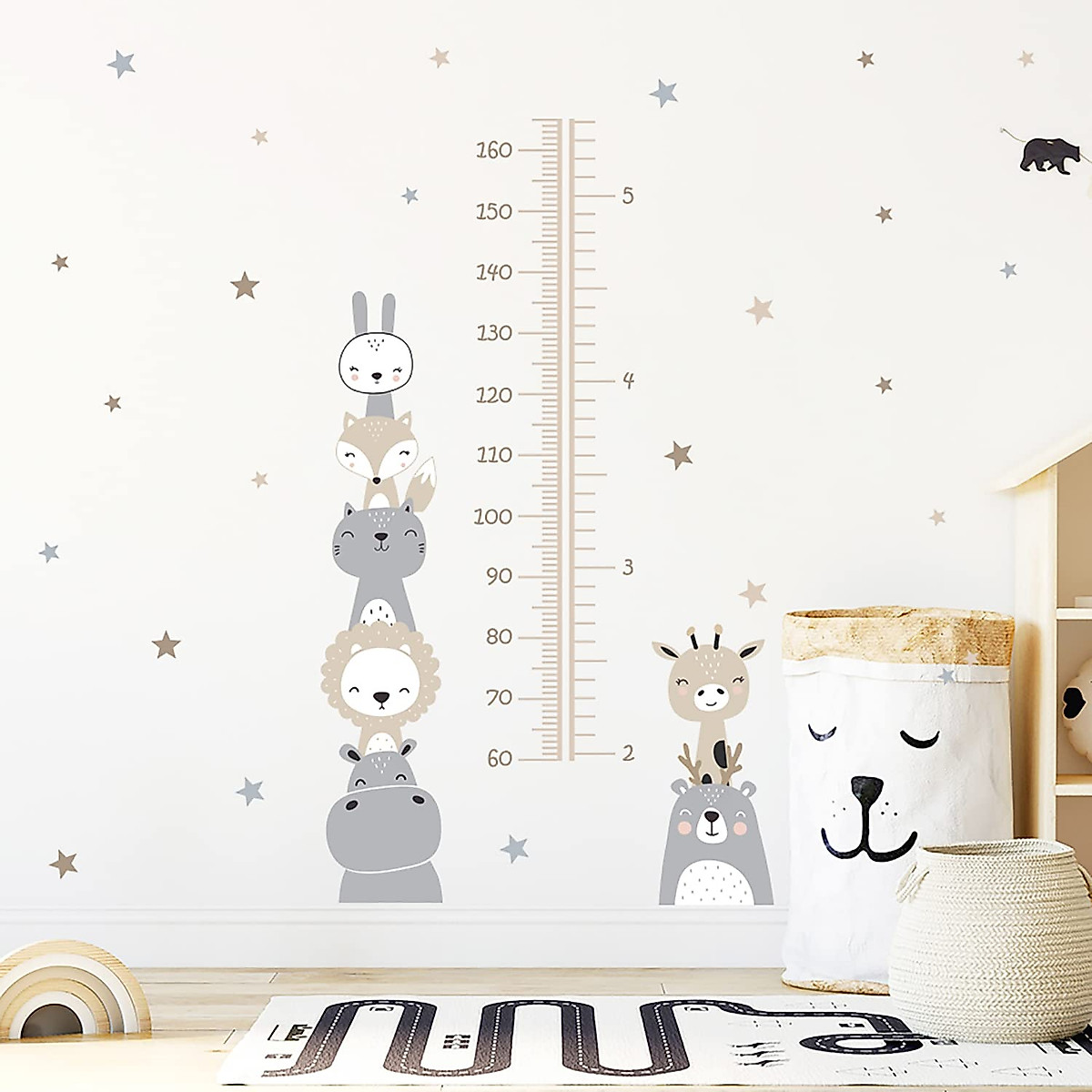 Cartoon Animals Height Growth Chart Wall Sticker Boho Style Peel and Stick Removable Wall Decals Children Kindergarten Nursery Bedroom Door Decoration (Beige & Grey)