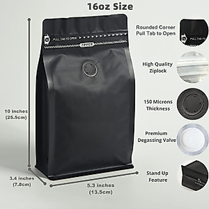 Pack of 50 1 LB Black Color Foil Coffee Bags - High Barrier Aluminum Foil - Flat Bottom Coffee Pouches with Degassing Valve, Food Storage Bags with Rsealable Zipper & Easy Open Tape (50 Pieces,