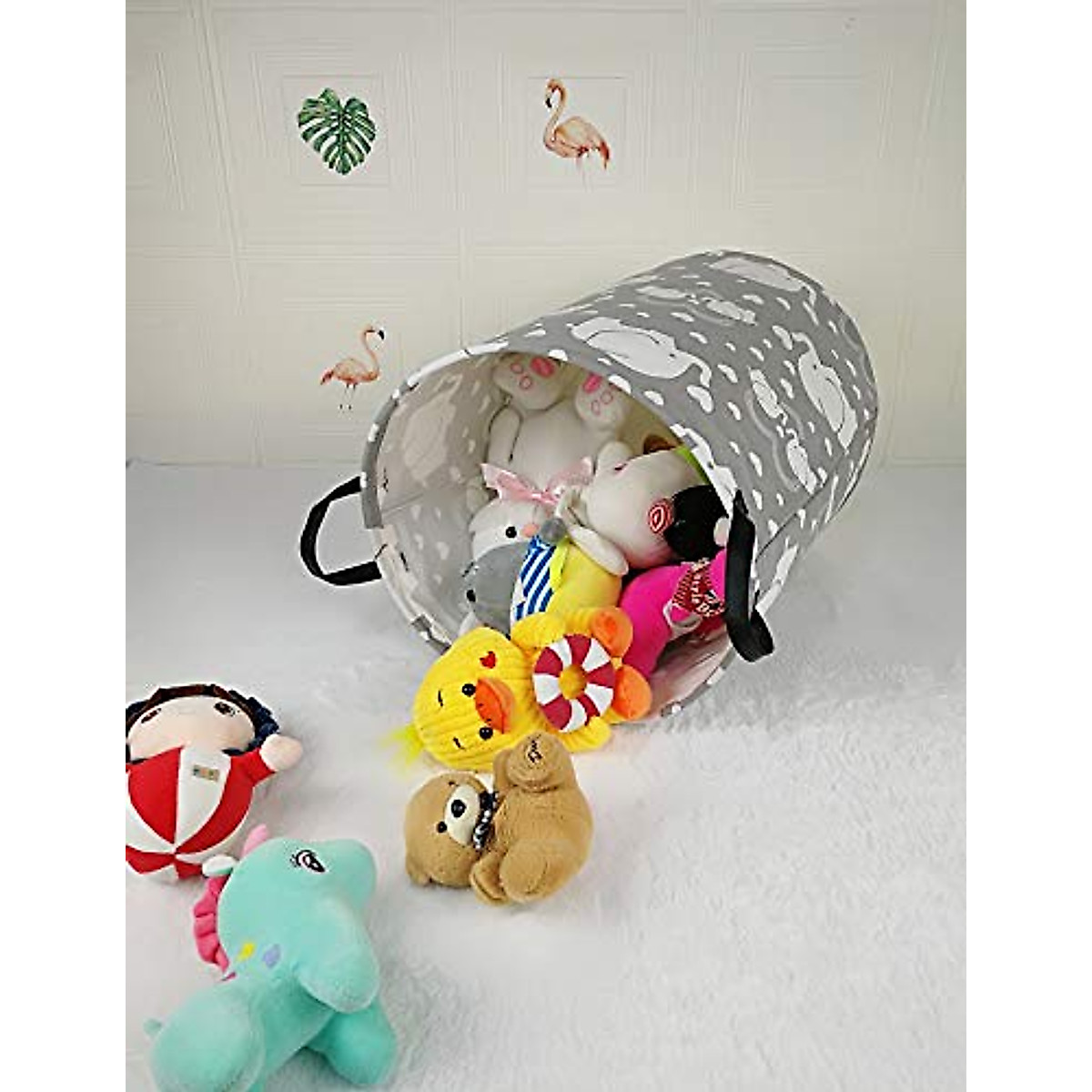 DUYIY 19.7 Inch Round Big Size Canvas Storage Basket with Handle Large Organizer Bins for Dirty Laundry Hamper Baby Toys Nursery Kids Clothes Gift Basket (heart elephant)