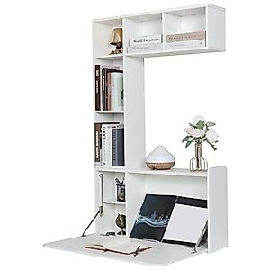 YUSING Floating Desk, Wall Mounted Table, Multifunctional Fold Down Wall Mounted Laptop Computer Workstation with Storage Shelves(Large)