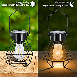Hanging Solar Lanterns Outdoor Decor - 2 Pack Solar Decorative Table Lights with Edison Bulbs for Patio Waterproof (Black)