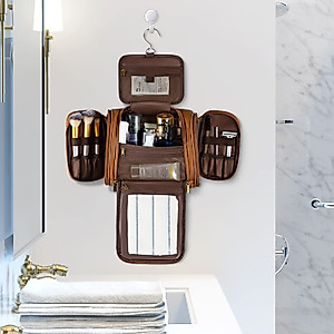 Elviros Travel Hanging Toiletry Bag for Women and Men, Large PU Leather Toiletries Organizer, Water-resistant Bathroom Shaving Kit for Cosmetics, Makeup Case (Large, Brown)