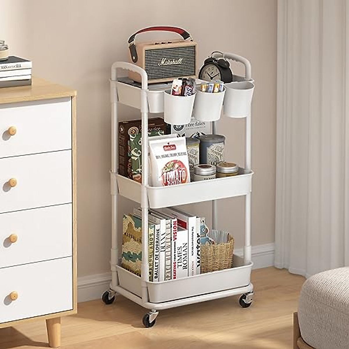 JIUYOTREE 3-Tier Plastic Rolling Storage Cart Utility Cart with Extra Hanging Cups Handles Lockable Wheels for Living Room Bathroom Kitchen Office White