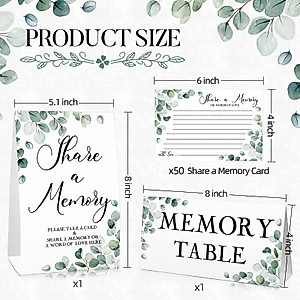 52 Pcs Greenery Eucalyptus Share a Memory Cards and Memory Table Signs Greenery Flower Seating Place Cards Funeral Celebration of Life Guest Book Card for Graduation Wedding, 3 Styles(Leaf Style)