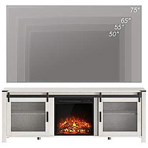 WAMPAT Fireplace TV Stand for ups to 75 inch TV,Industrial & Farmhouse Sliding Barn Door Media Console,Rustic Entertainment Center Cabinet for Living Room Bedroom,White
