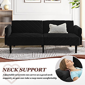 87 Inch Futon Sofa Bed, Modern Convertible Sleeper Futon Couch with Adjustable Armrests and Backrest, Velvet Oversized Loveseat Sofa Couch for Living Room, Apartment,Black